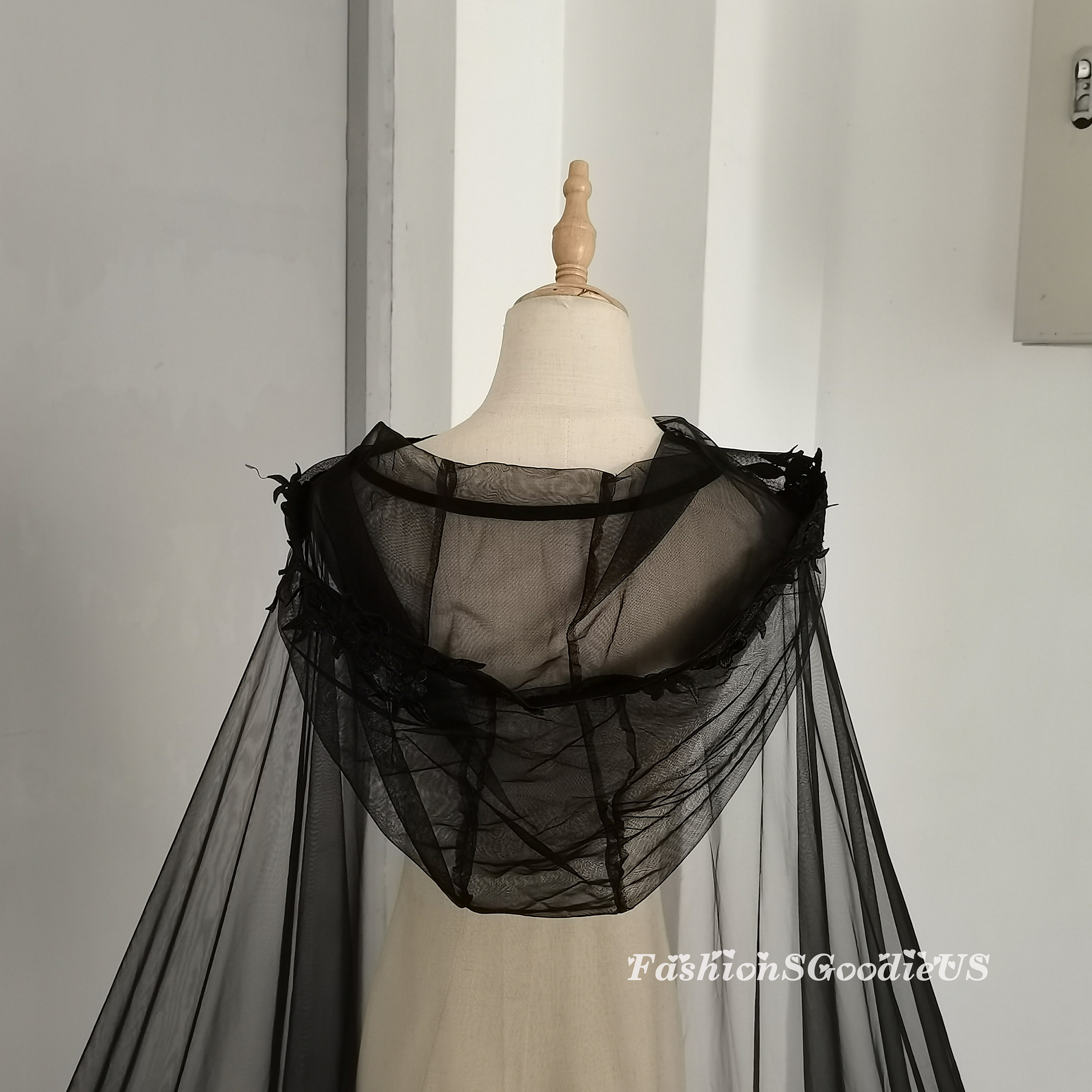 Black Flowers Wedding Cape Veil, Flower Lace Cape Veil With Hood, Black ...