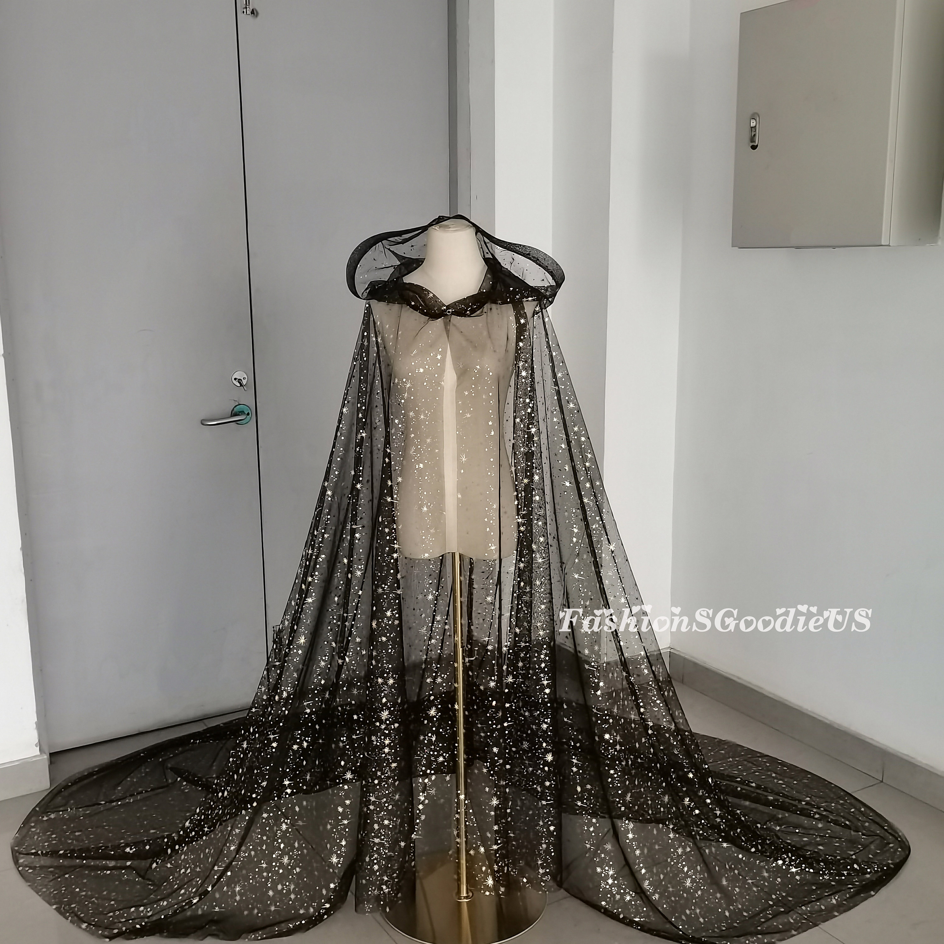 Gothic Black Cape, Gold Stars Cape, Gold Starry Black Hooded Cape Veil ...