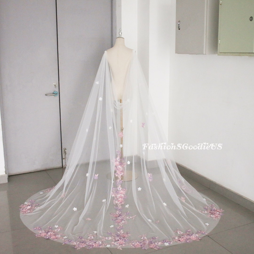 Pink Purple Flower Wedding Veil With Pearls, V-back Cape Veil, Flower ...