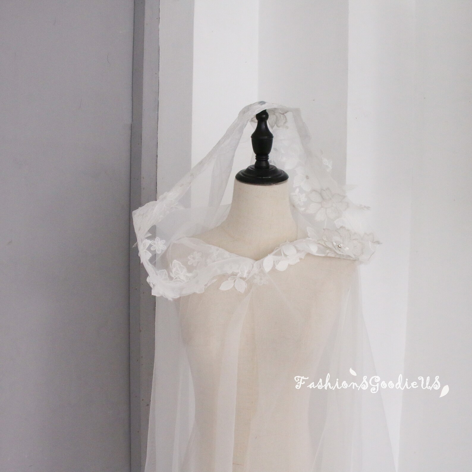 Flowery Wedding Cape Veil, Flower Lace Cape Veil With Hood, Floral ...