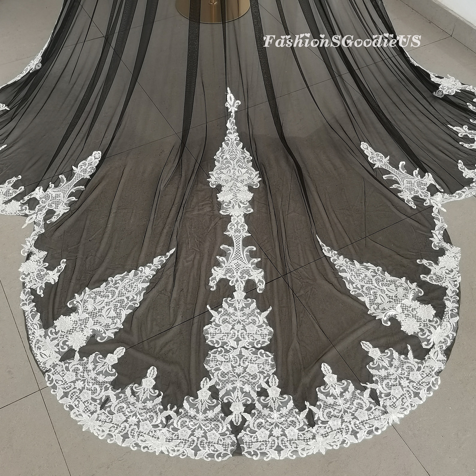 Black Wedding Veil With Ivory Lace, Elegant Black Bridal Veil, One ...