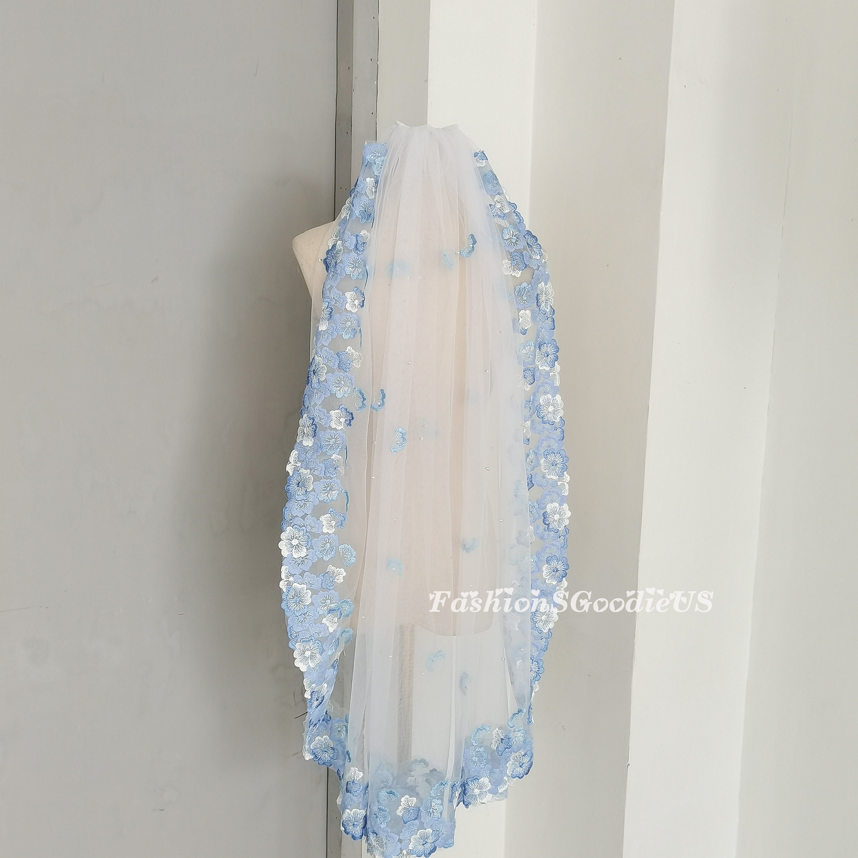 Blue Flowers Wedding Veil, Blue Floral Veil With Scattered Pearls ...