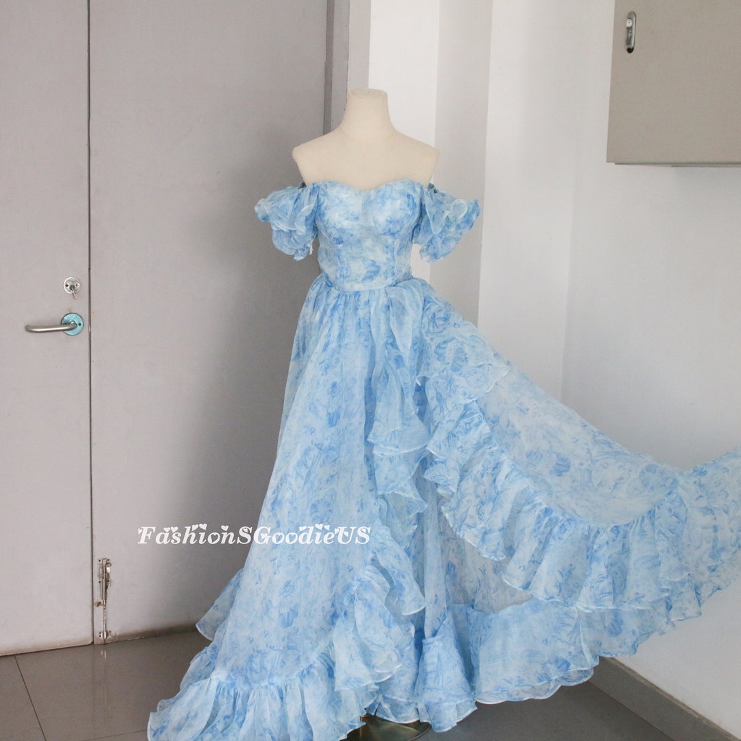 New Design Floral Organza Prom Dress, Blue Floral Split Prom Dress, A ...