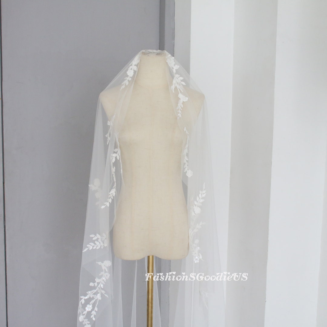 Simple Flower Lace Wedding Veil, One Layer Angel Cut Bridal Veil, Fairy ...