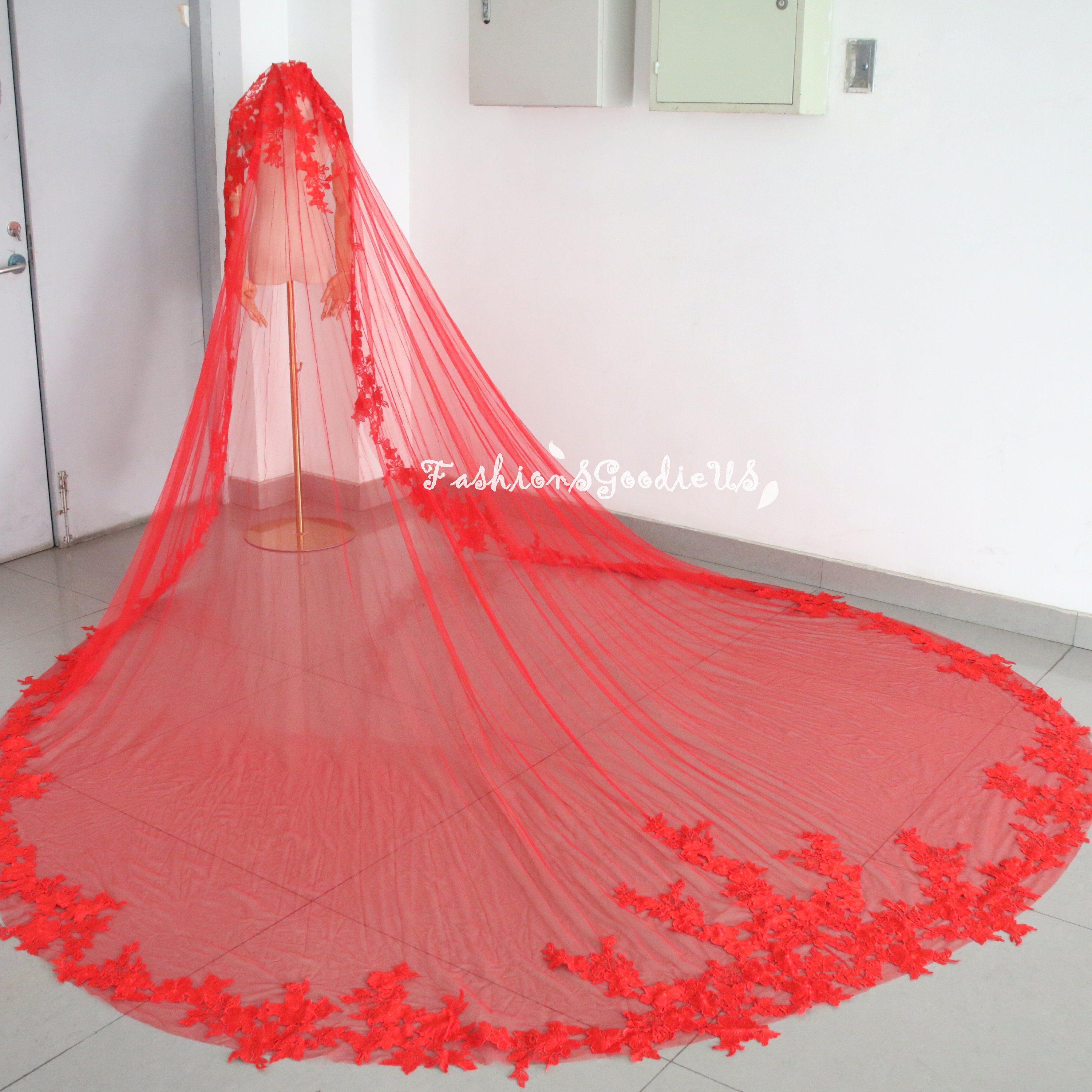 Vintage Red Flower Wedding Veil, Red Bridal Veil, Red Lace Wedding Veil ...
