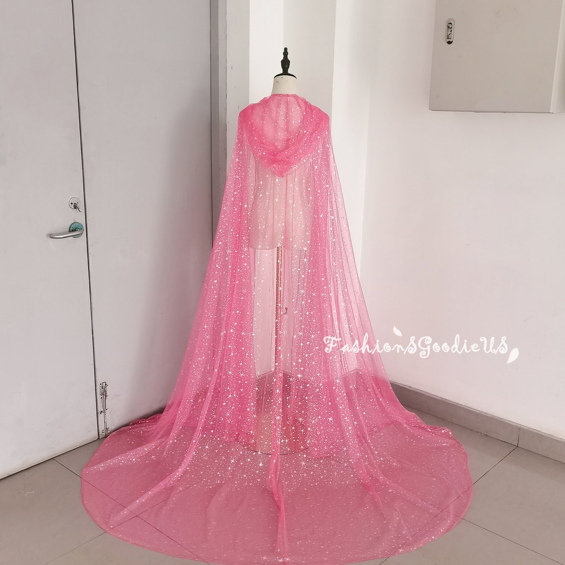 Pink Silver Stars Wedding Cape Veil, Sparkling Stars Cape Veil, Hooded ...