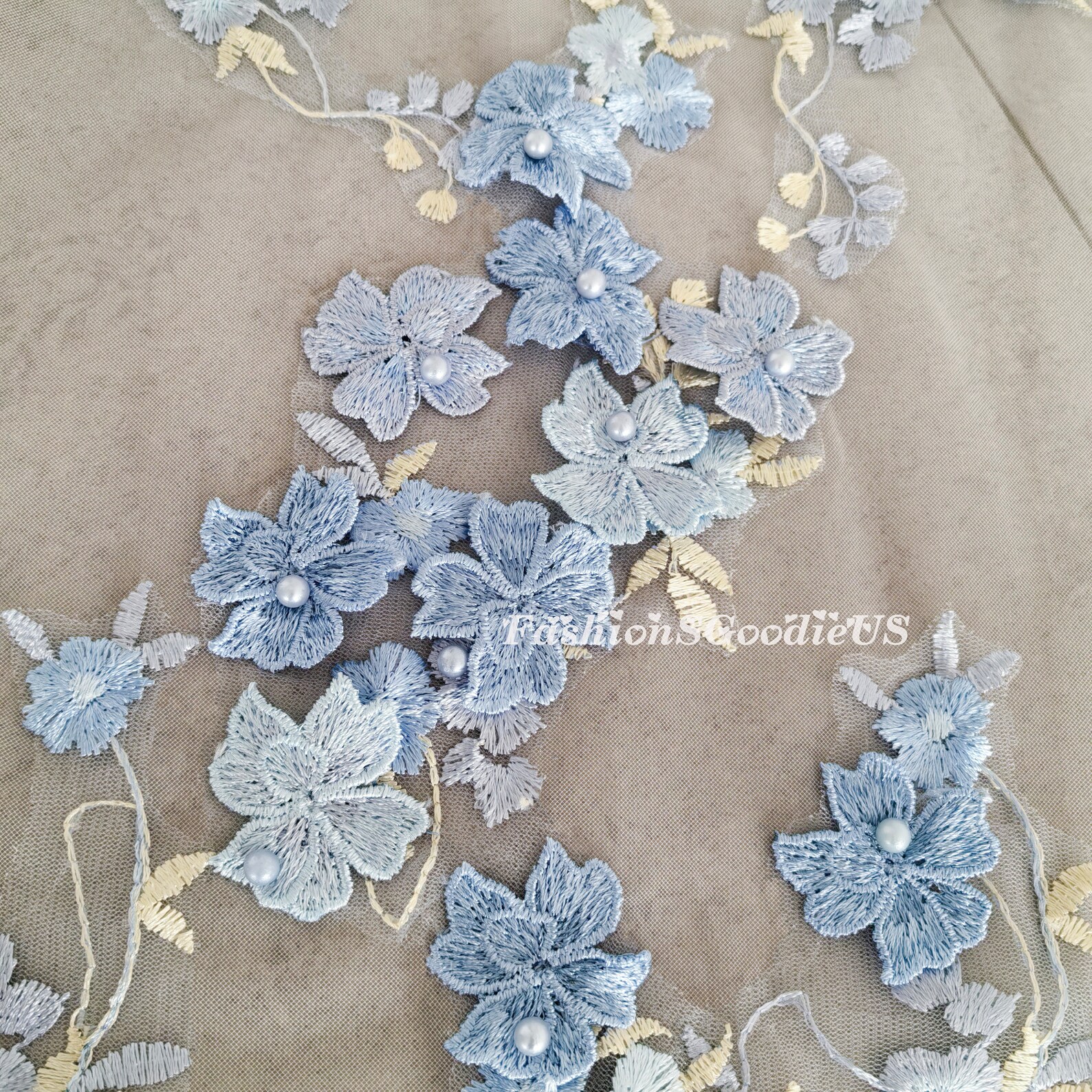 Dreamy Blue Flowery Wedding Veil, Light Blue Flowers With Pearls ...