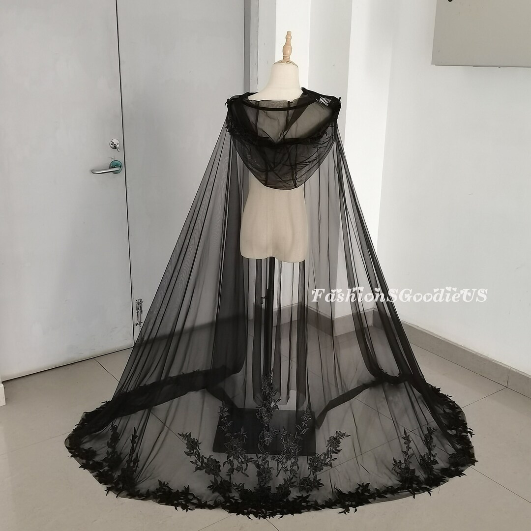 Black Flowers Wedding Cape Veil, Flower Lace Cape Veil With Hood, Black ...