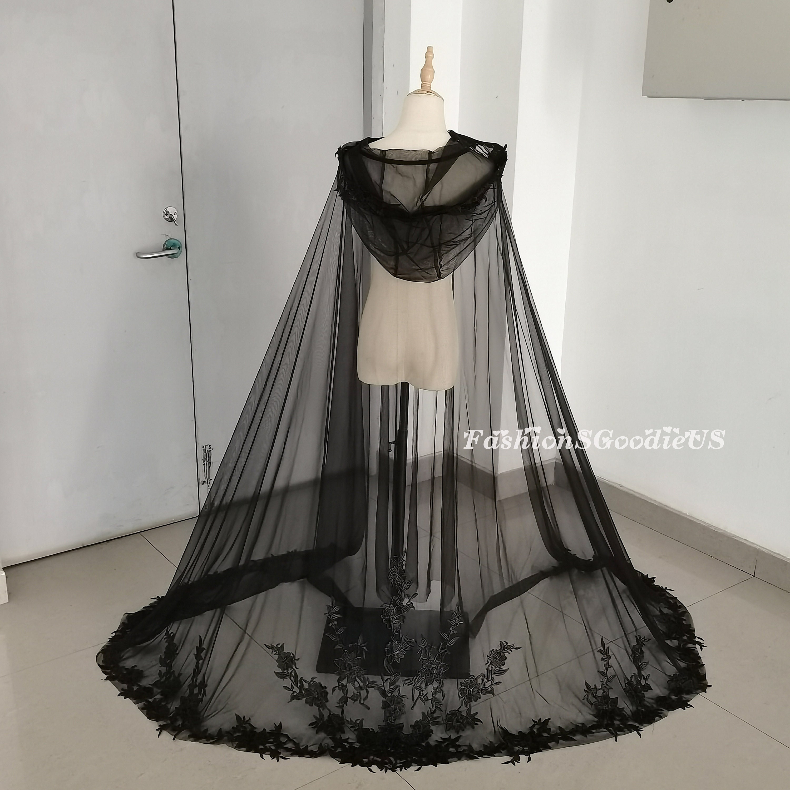 Black Flowers Wedding Cape Veil, Flower Lace Cape Veil With Hood, Black ...