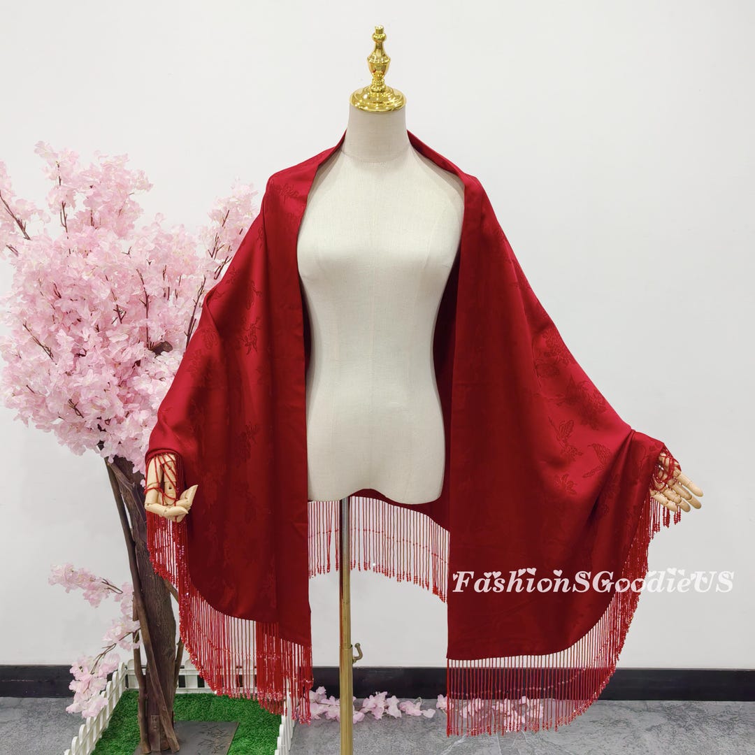 Elegant Red Jacquard Satin Wedding Shawl, Wedding Wrap With Beading ...