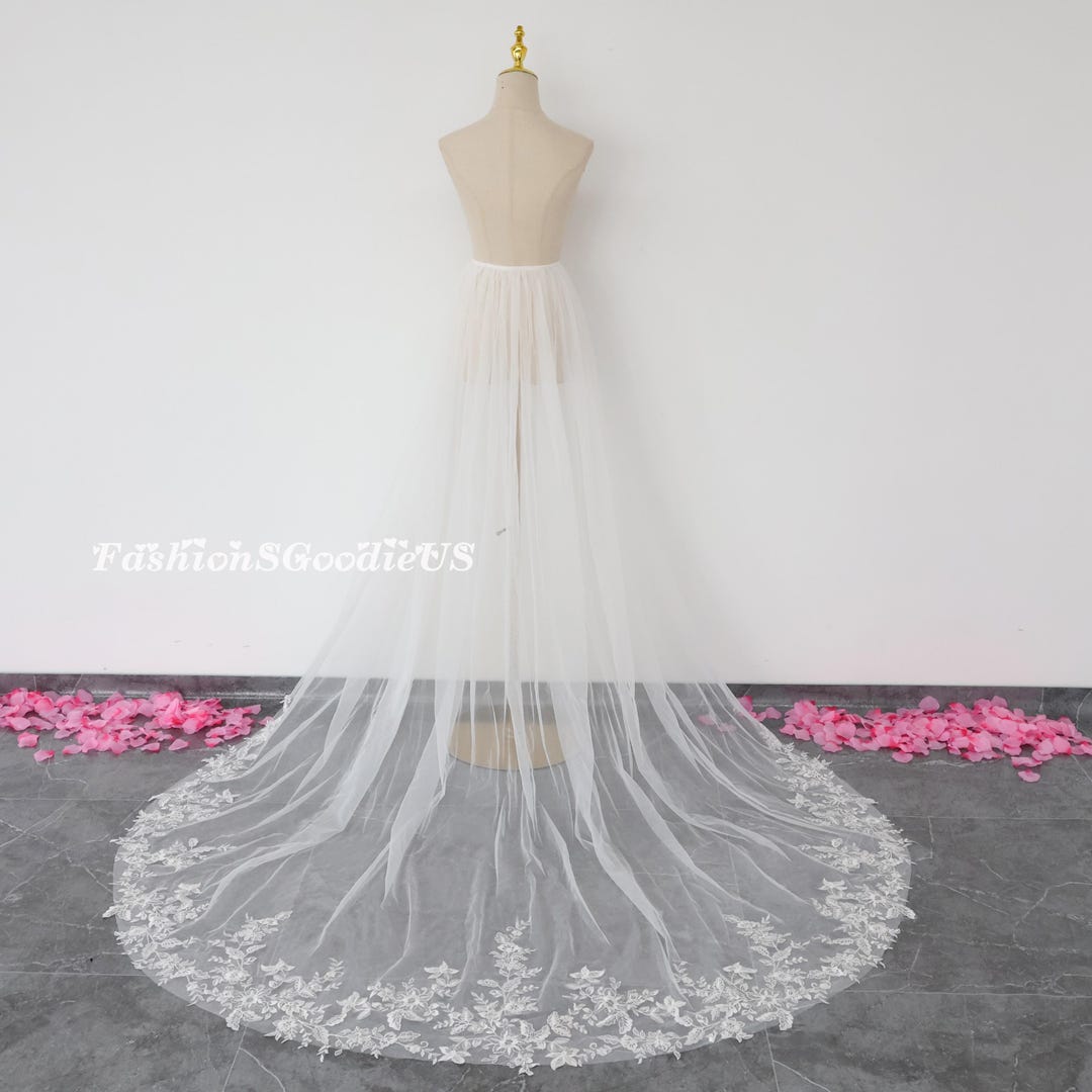Long Tulle Flower Lace Bridal Train, Bridal Overskirt, Detachable ...
