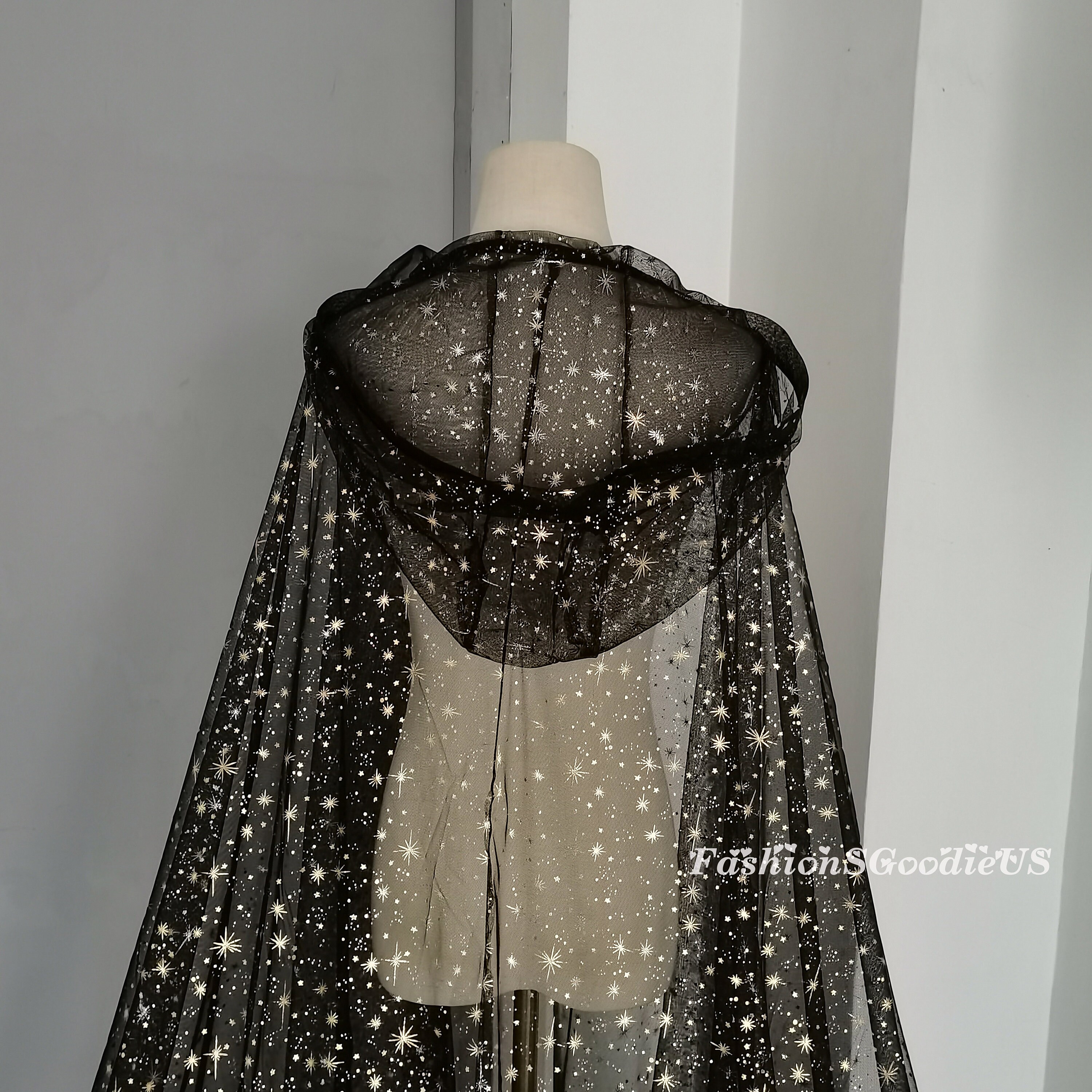 Gothic Black Cape, Gold Stars Cape, Gold Starry Black Hooded Cape Veil ...