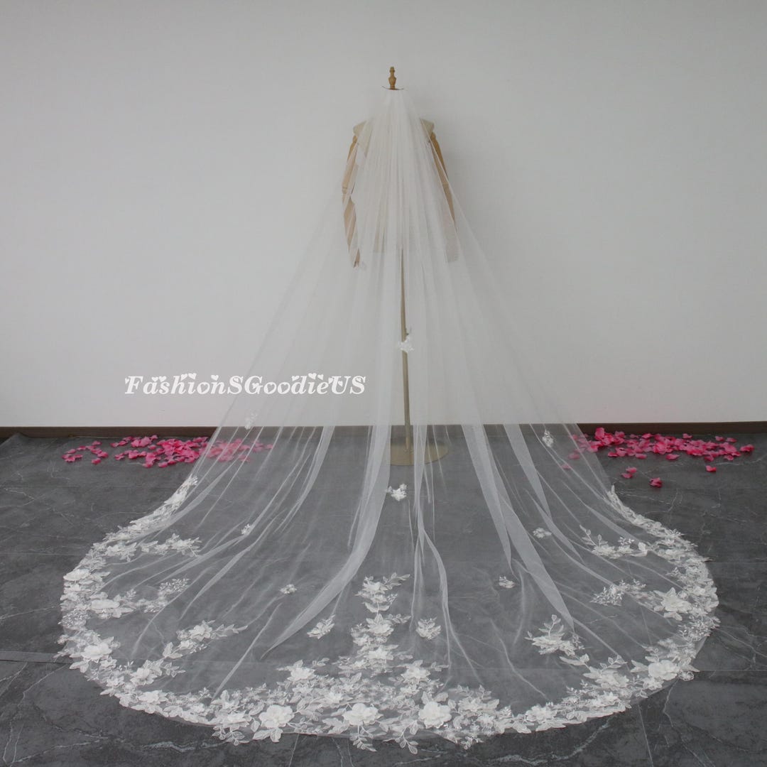New Design Ivory Flower Lace Wedding Veil, 3D Flowers Wedding Veil With ...