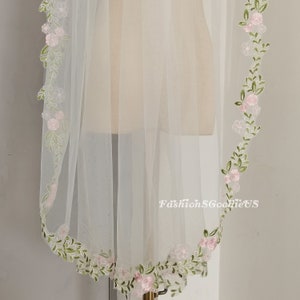 Light Pink Flower With Green Leaf Wedding Veil, Pale Pink Flower Veil ...