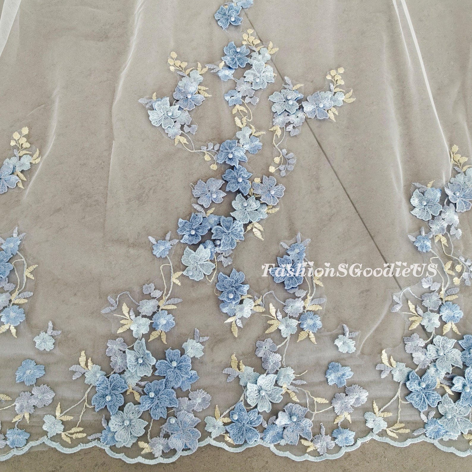 Dreamy Blue Flowery Wedding Veil, Light Blue Flowers With Pearls ...