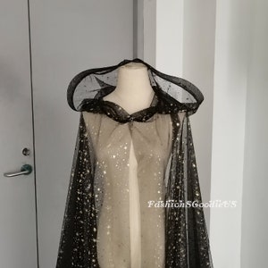 Gothic Black Cape, Gold Stars Cape, Gold Starry Black Hooded Cape Veil ...