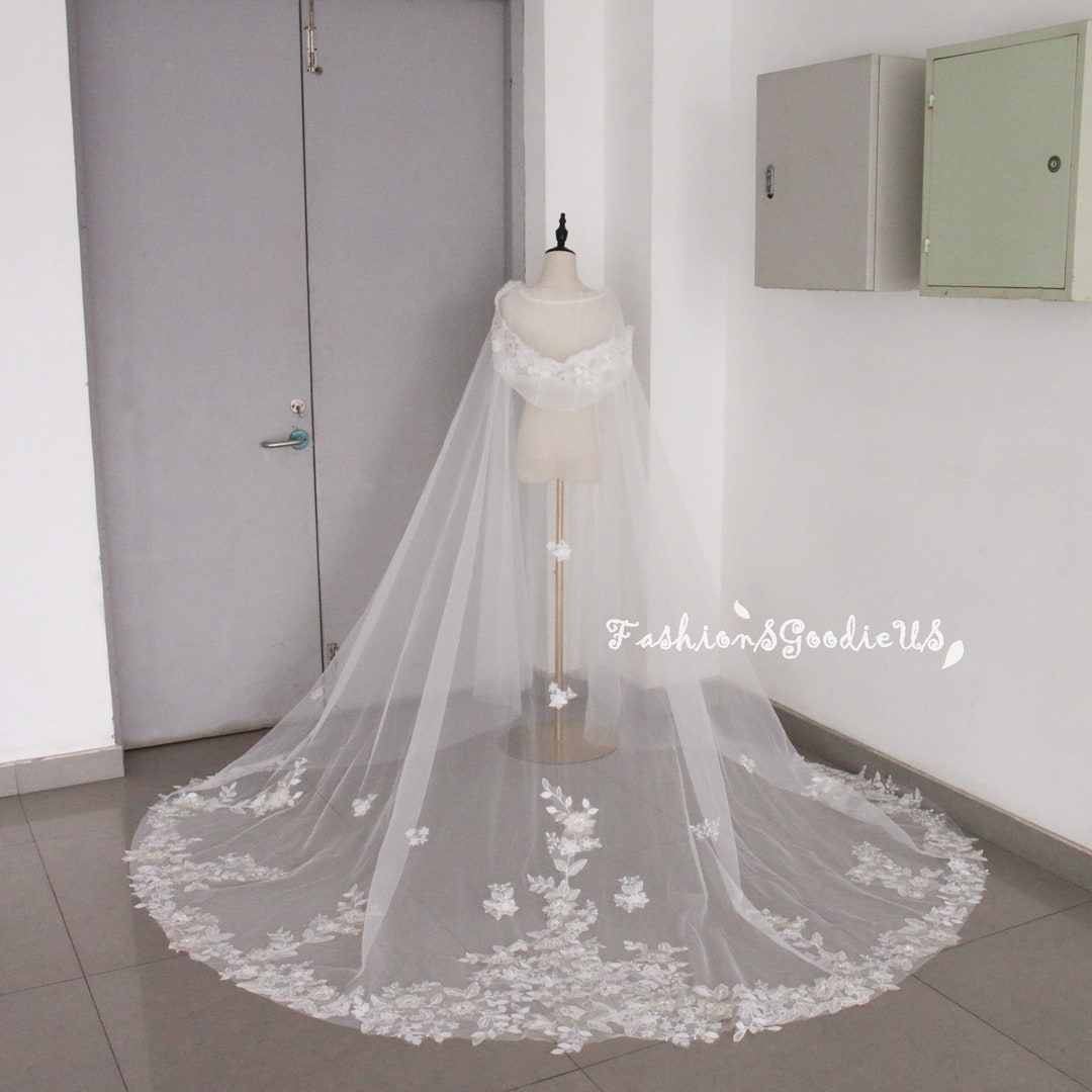 Flowery Wedding Cape Veil, Flower Lace Cape Veil With Hood, Floral ...