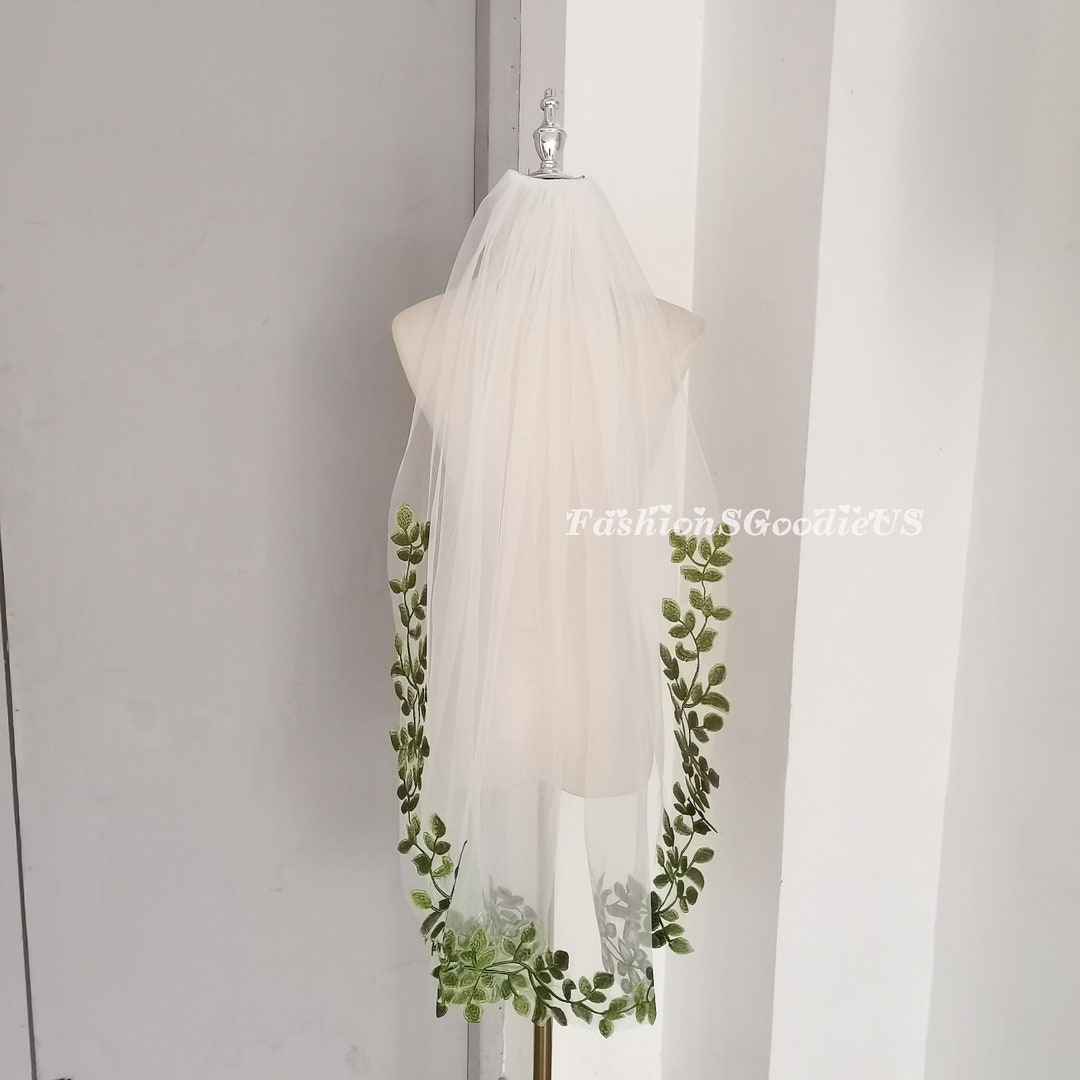 Green Leaf Lace Wedding Veil, Embroidery Leaf Lace Wedding Veil ...
