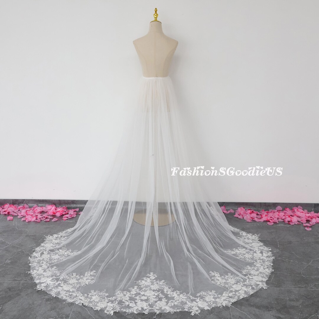 Elegant Flower Lace Bridal Train, Long Tulle Wedding Dress Attached ...
