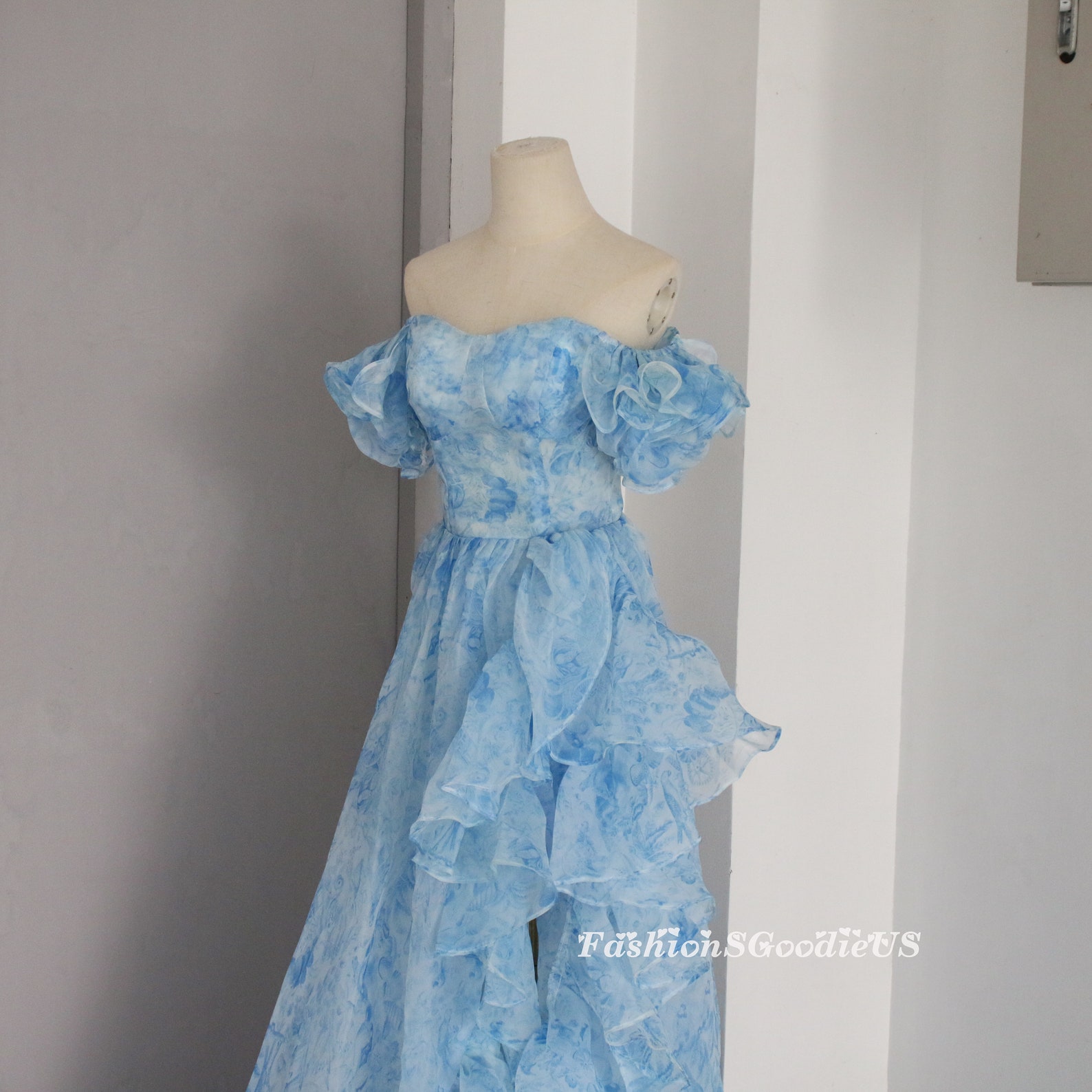 New Design Floral Organza Prom Dress, Blue Floral Split Prom Dress, A ...