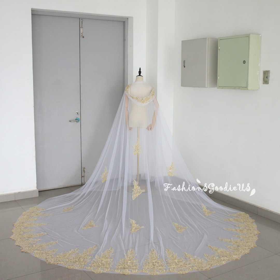 Gold Applique Wedding Cape Veil, Gold Lace Veil With Hood, Flower ...