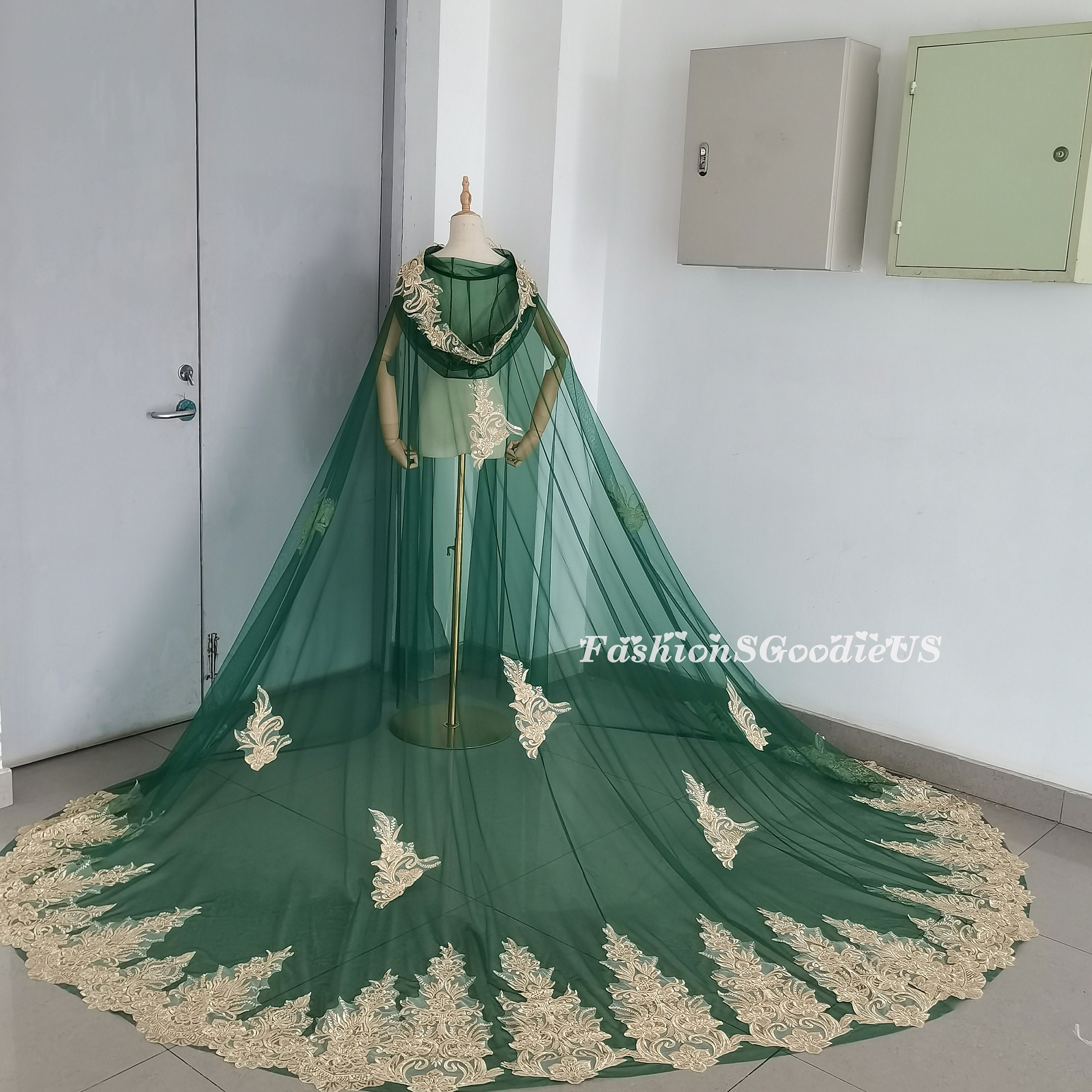 Forest Theme Wedding Veil, Forest Green Veil With Hood, Gold Lace ...