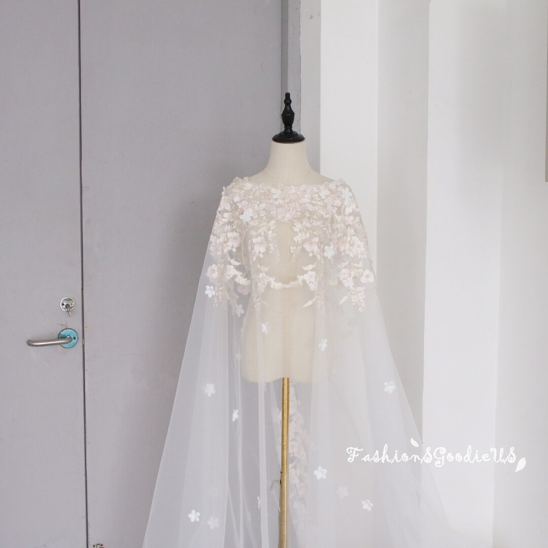 Light Pink Flowers Cape Veil, Floral Shoulder Veil, 3D Flowers Wedding ...
