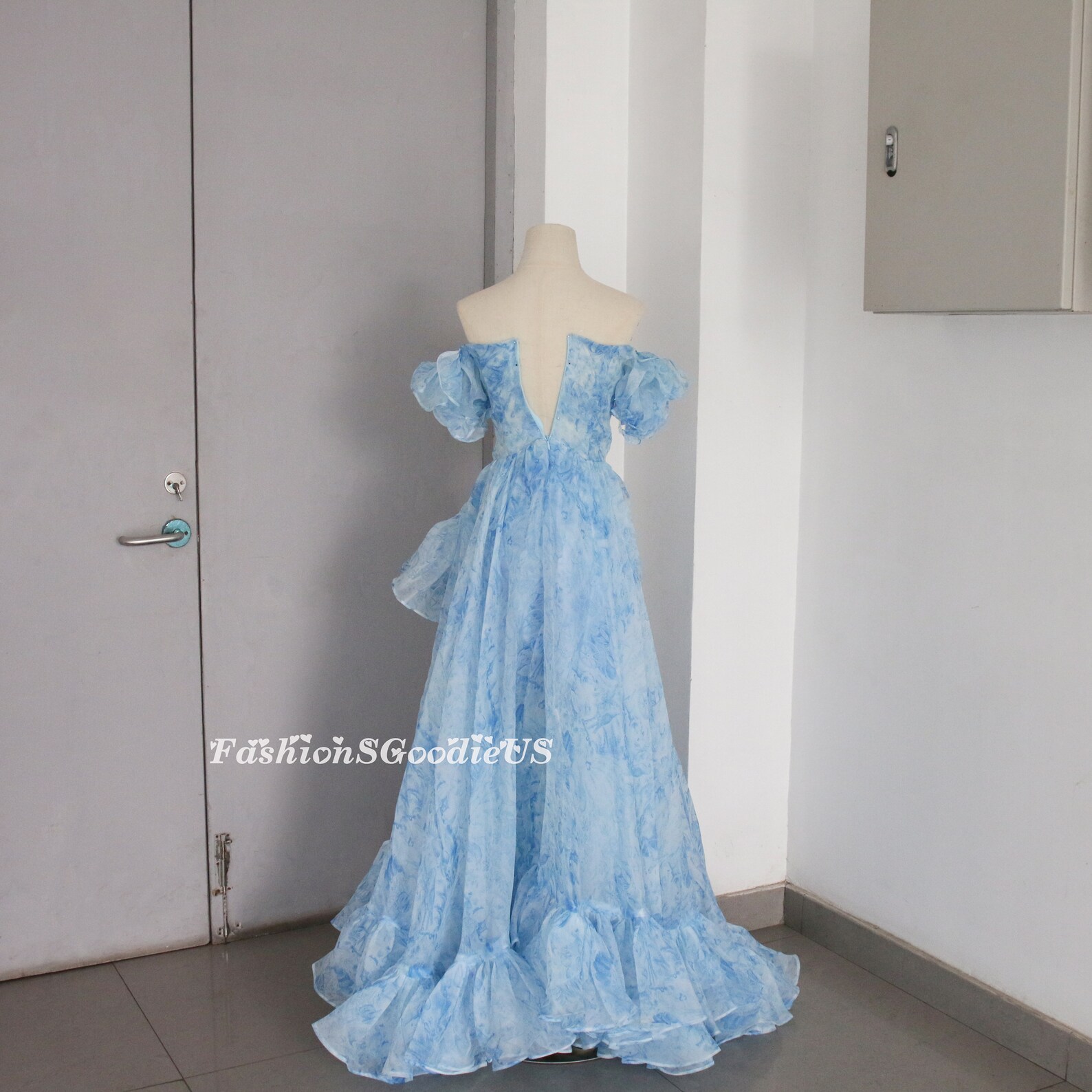 New Design Floral Organza Prom Dress, Blue Floral Split Prom Dress, A ...