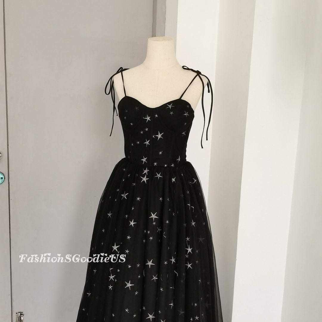 Black Spaghetti Straps Prom Dress, Black Tulle With Gold Stars Prom ...