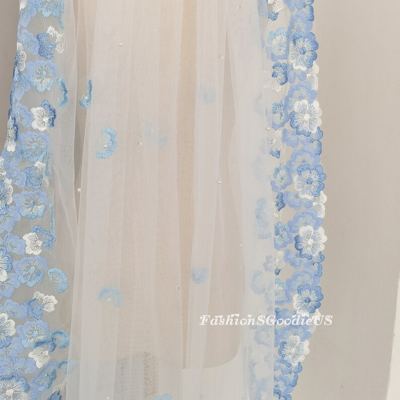 Blue Flowers Wedding Veil, Blue Floral Veil With Scattered Pearls ...