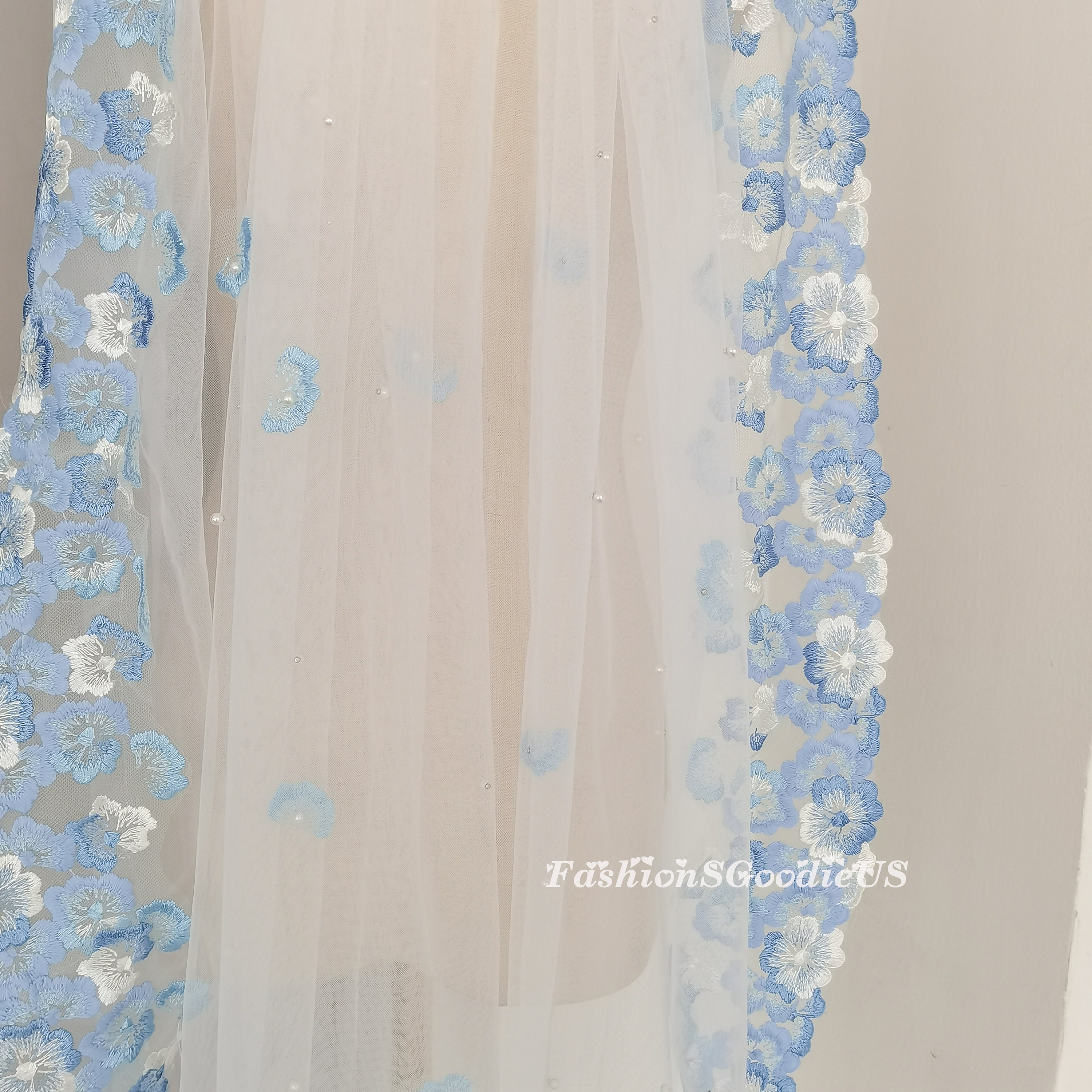 Blue Flowers Wedding Veil, Blue Floral Veil With Scattered Pearls ...