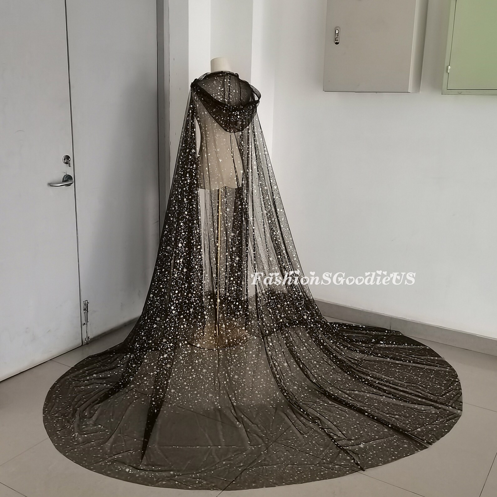 Gothic Black Cape, Gold Stars Cape, Gold Starry Black Hooded Cape Veil ...