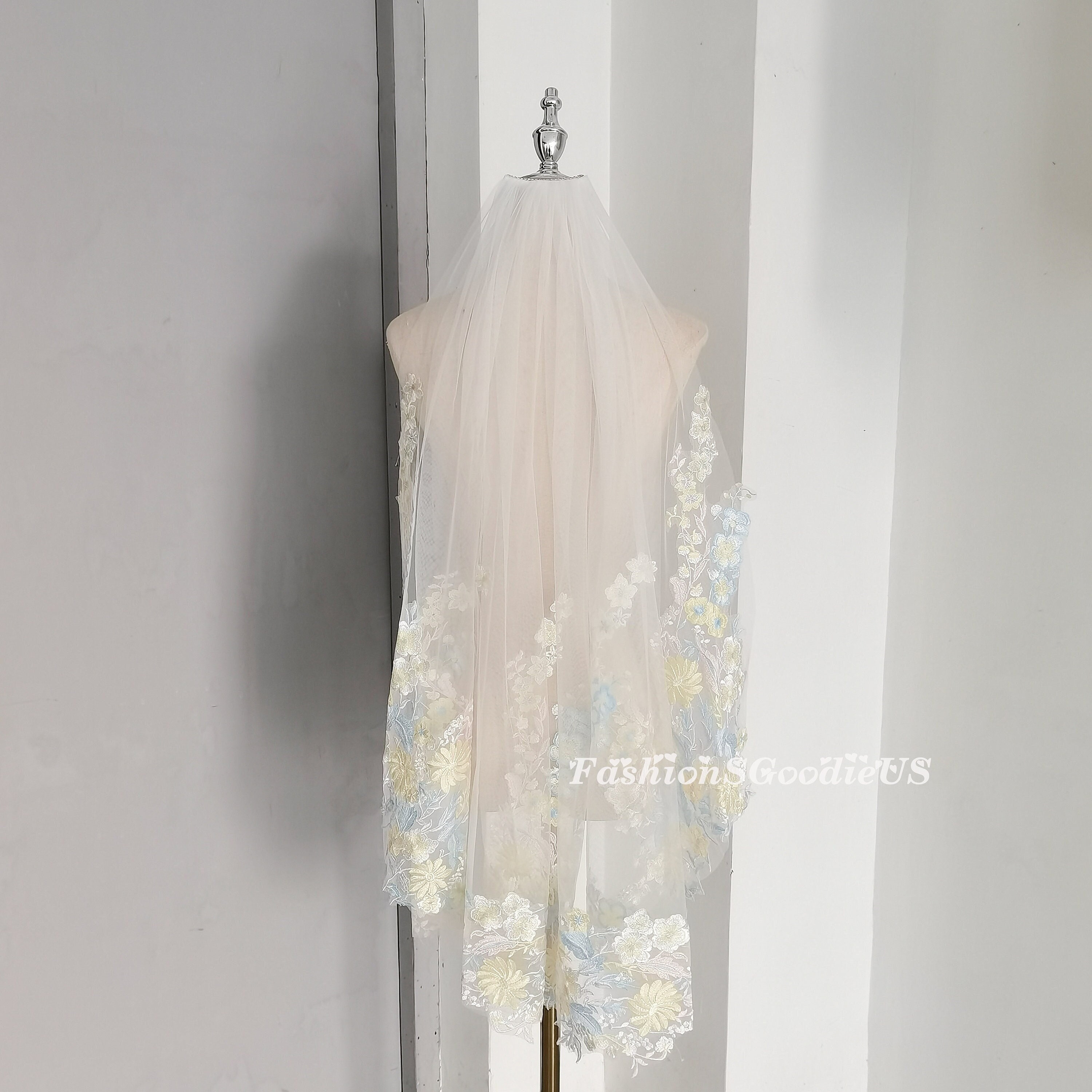 Pale Blue Yellow and Pink Wedding Veil, Custom Tulle Color Veil, Unique ...