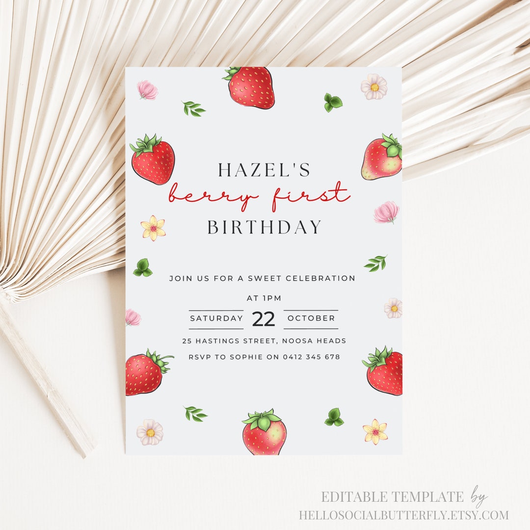 EDITABLE Berry First Birthday Invitation, Strawberry First Birthday ...