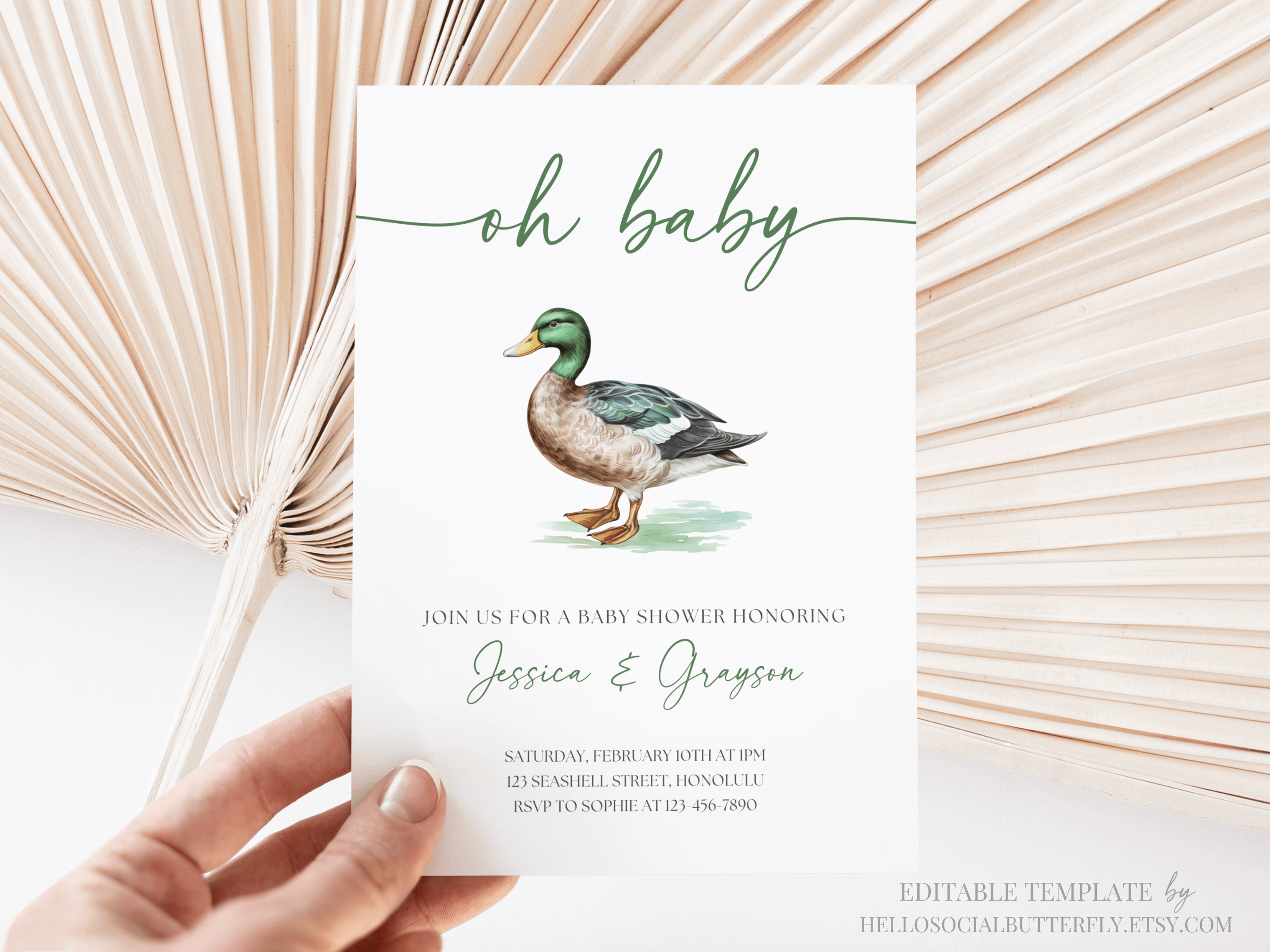 Mallard Duck Baby Shower Invitation Green Duck Baby Shower Invite Duck ...
