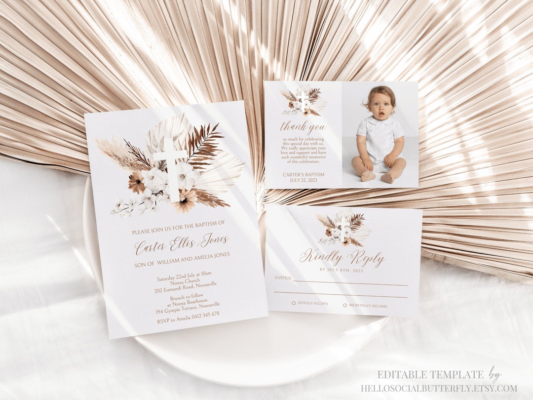 EDITABLE Pampas Grass Baptism Invitation Boho Pampas Baptism Invite ...