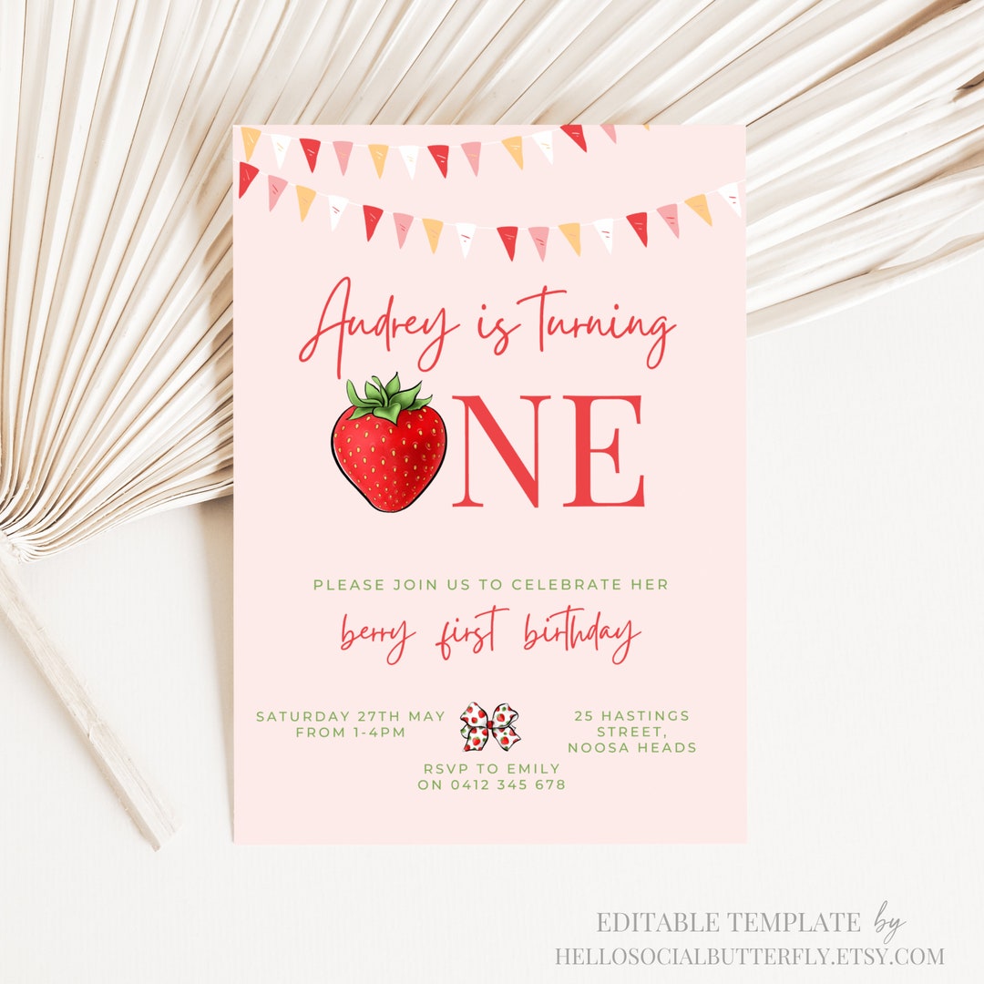 EDITABLE Berry First Birthday Invitation, Strawberry First Birthday ...