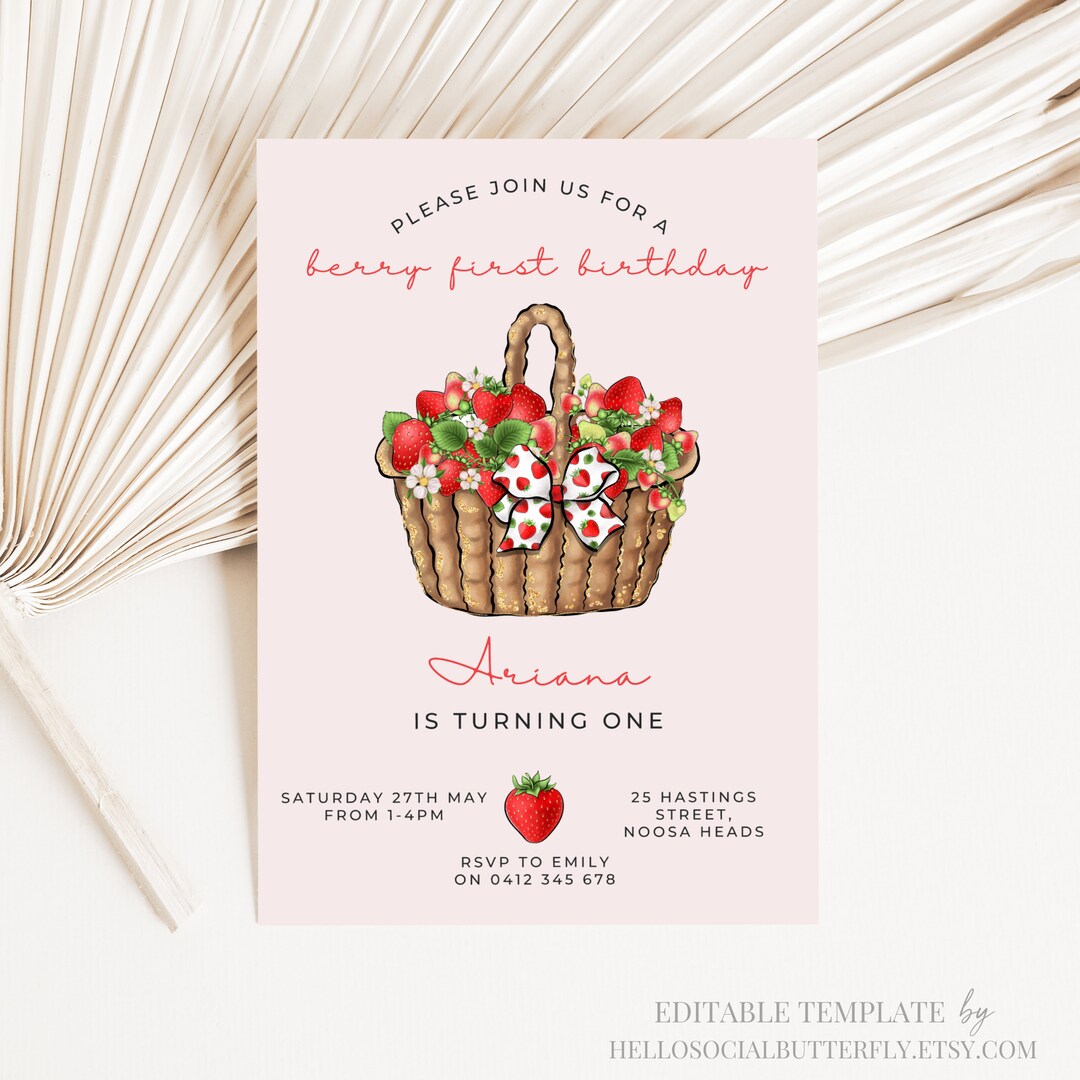 EDITABLE Berry First Birthday Invitation, Strawberry First Birthday ...