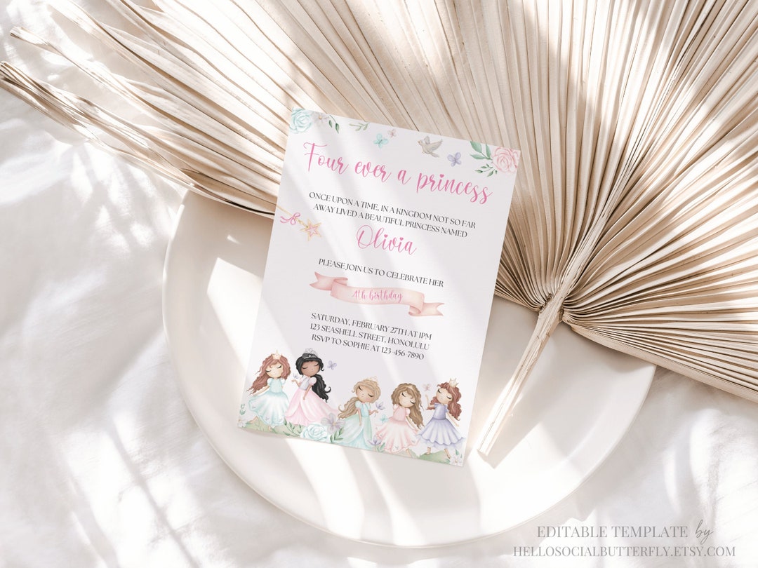 Four Ever A Princess Invitation Princess 4th Birthday Fairytale Party ...