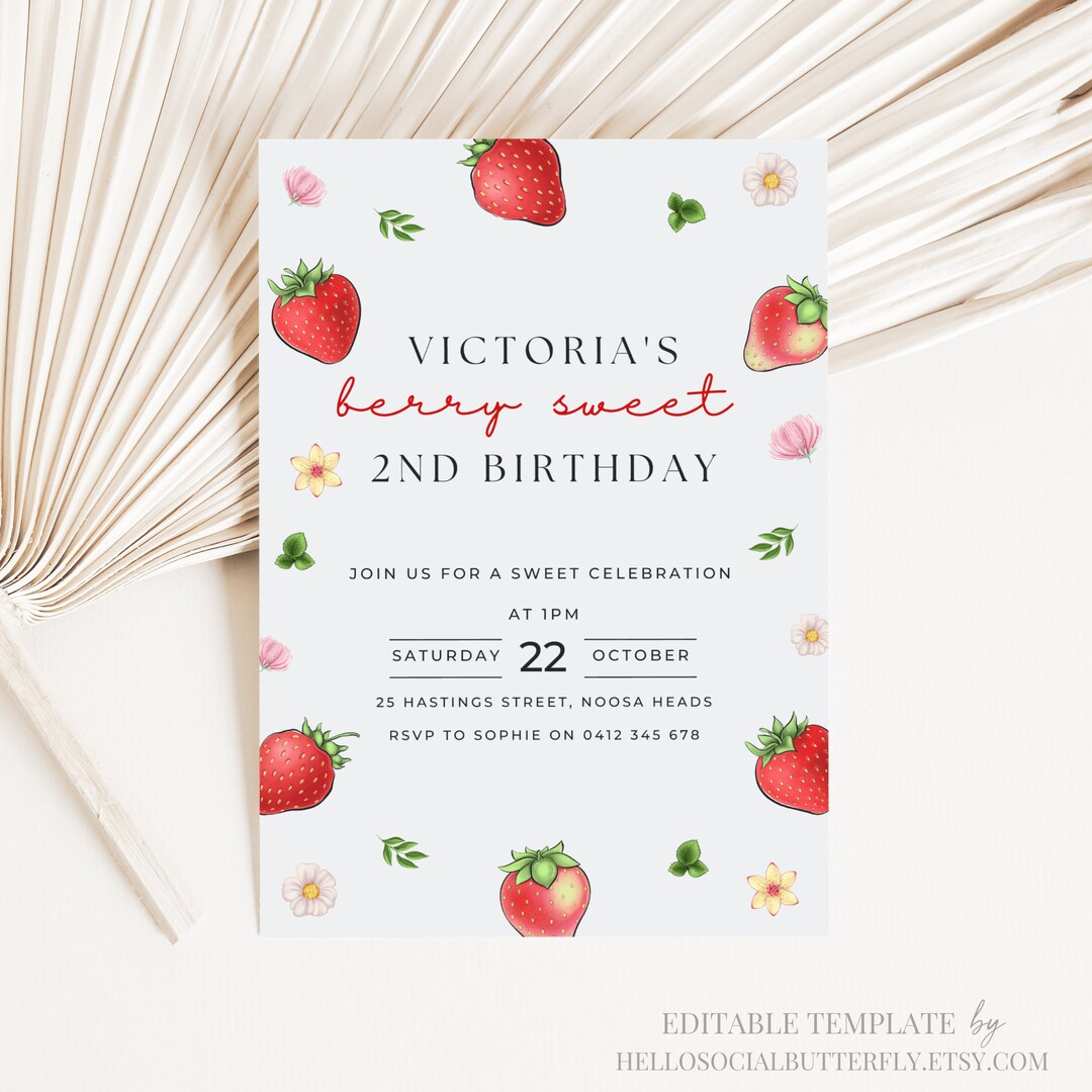 EDITABLE Strawberry Birthday Invitation, Berry Sweet Birthday ...