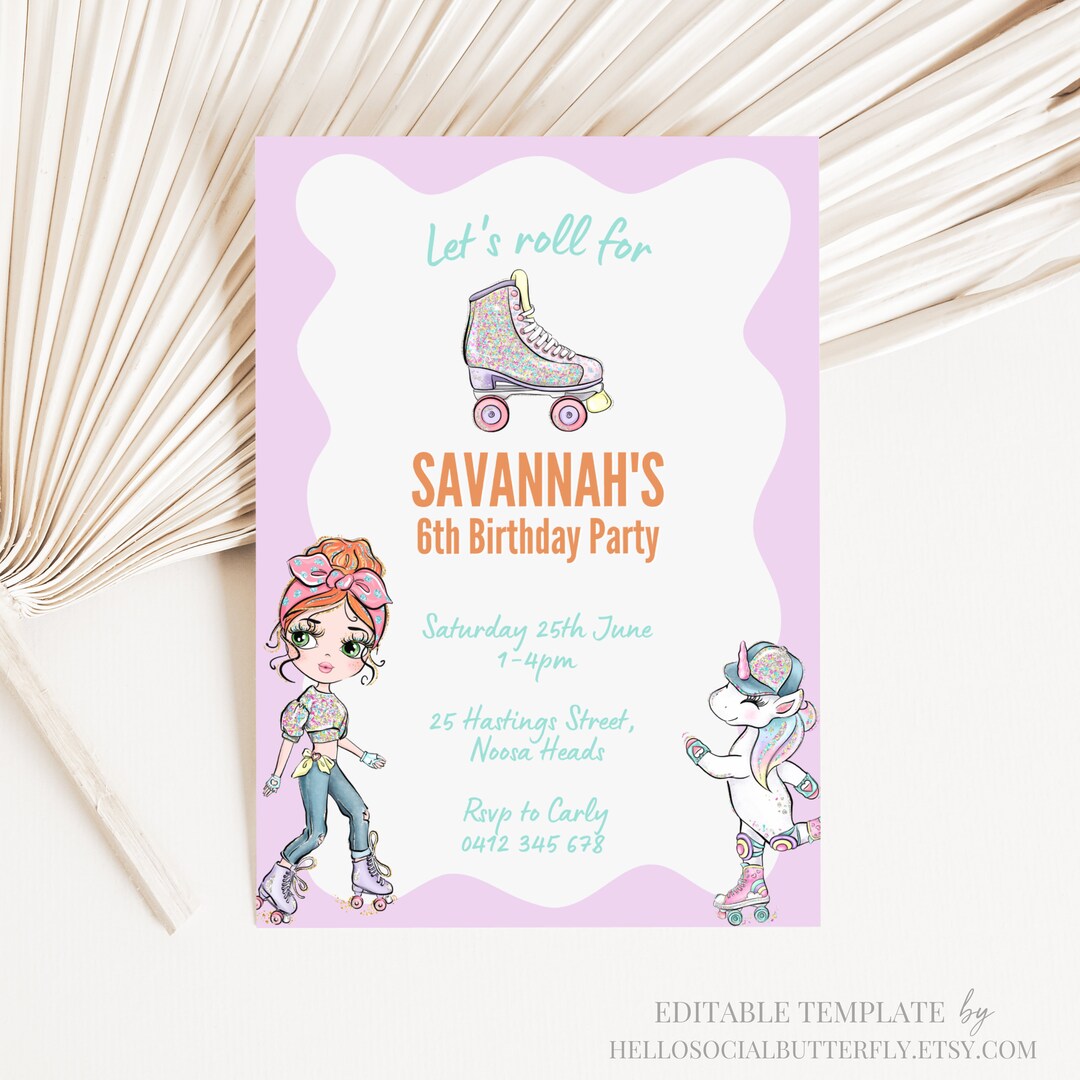 EDITABLE Roller Skating Invitation, Roller Skate Birthday Invite, Let's ...