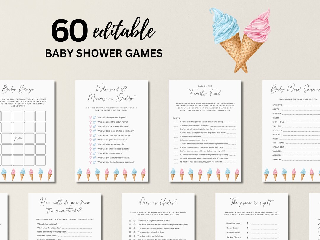 Ice Cream Baby Shower Games Bundle Here’s the Scoop Ice Cream Baby ...