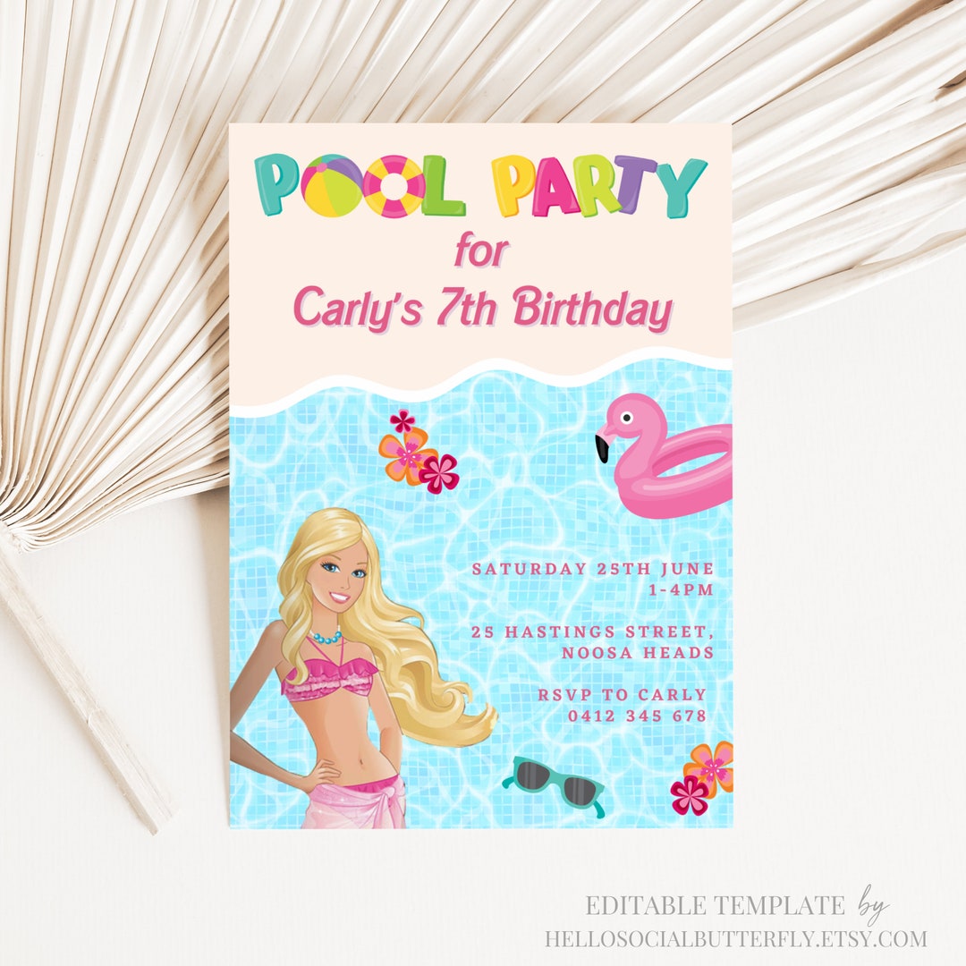 EDITABLE Barbie Pool Party Invitation Barbie Pool Party - Etsy