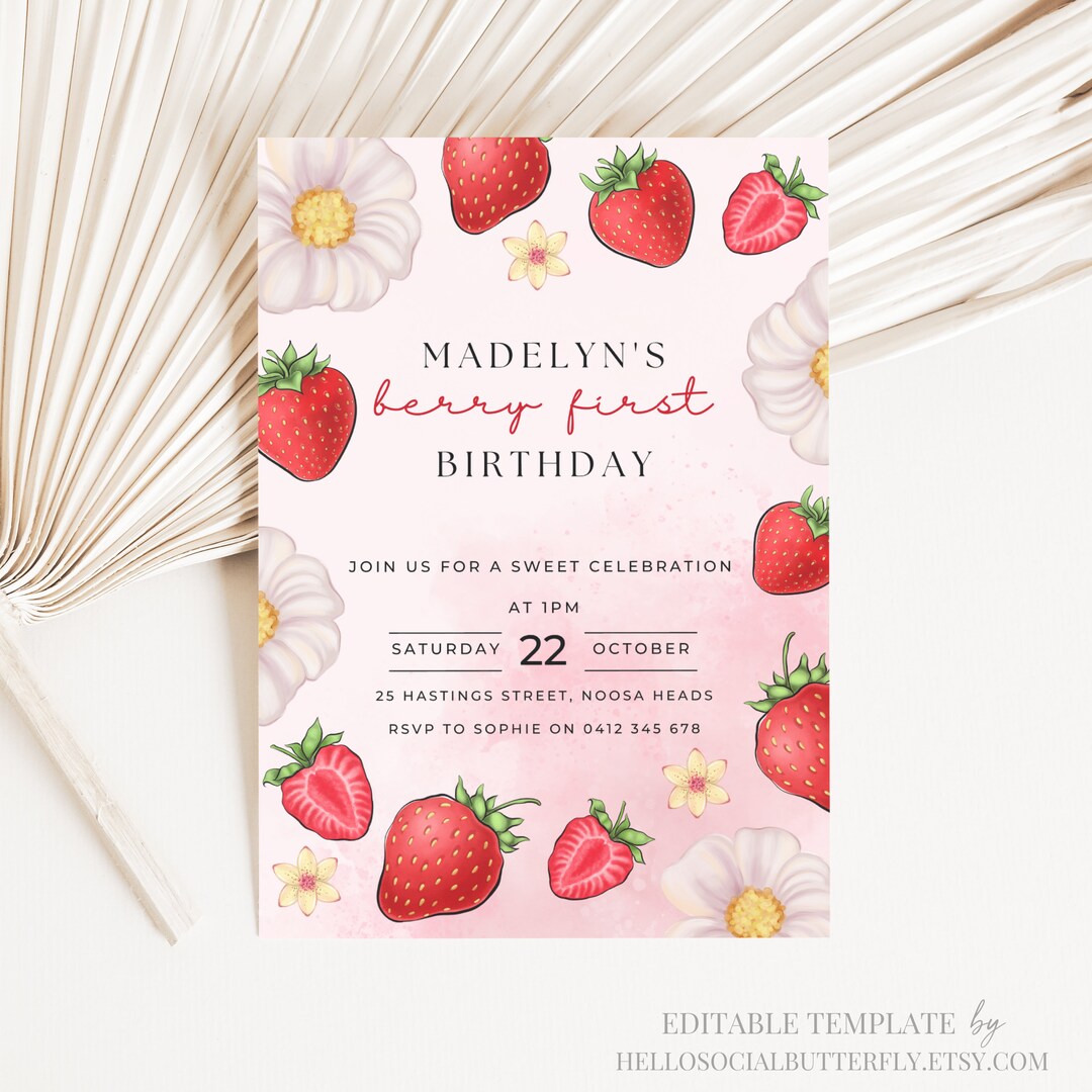 EDITABLE Berry First Birthday Invitation, Strawberry First Birthday ...