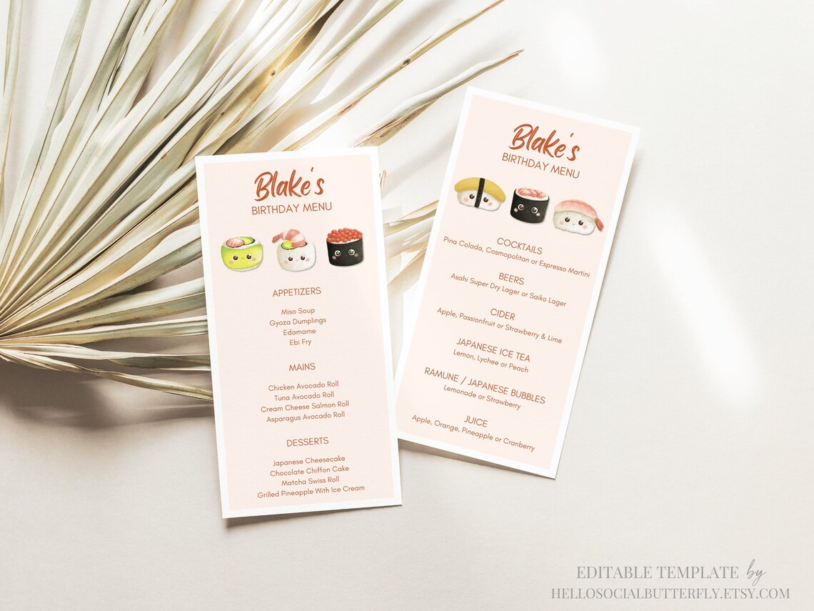 Sushi Menu Card Hibachi Dinner Menu Hibachi Birthday Menu - Etsy