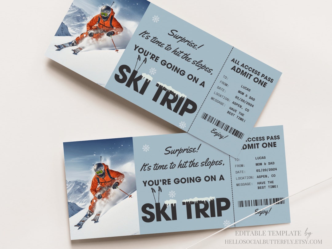 Skiing Trip Ticket Ski Trip Surprise Gift Ticket Skiing Trip Gift ...