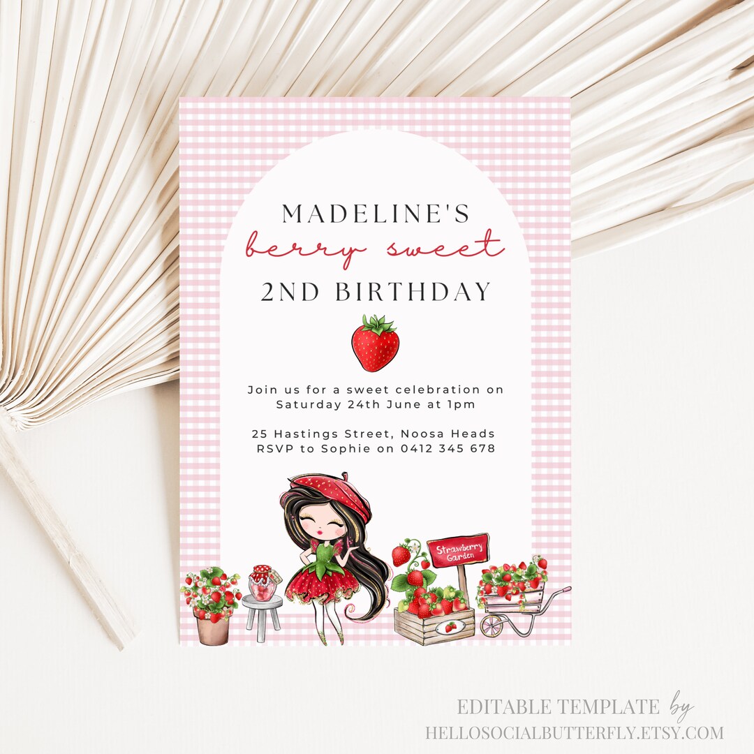 EDITABLE Strawberry Birthday Invitation, Berry Sweet Birthday ...