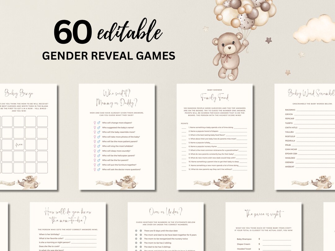 Teddy Bear Gender Reveal Games Bundle Teddy Bear Baby Shower Games ...