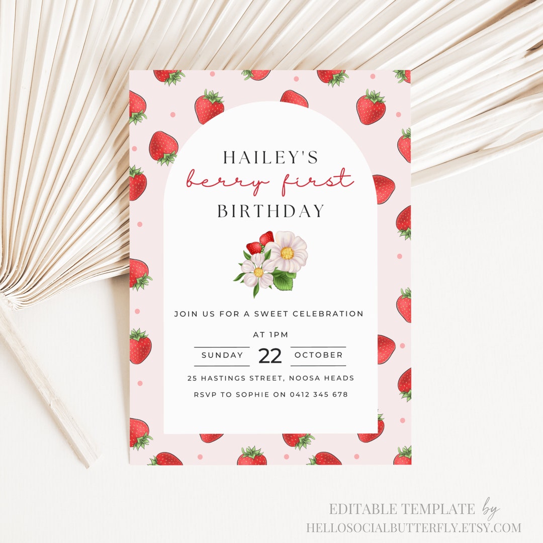 EDITABLE Berry First Birthday Invitation, Strawberry First Birthday ...