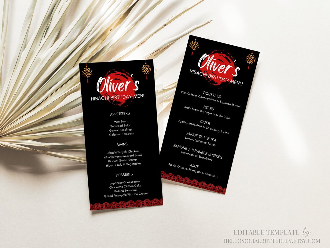Hibachi Menu Card Hibachi Dinner Menu Hibachi Birthday Menu Hibachi ...